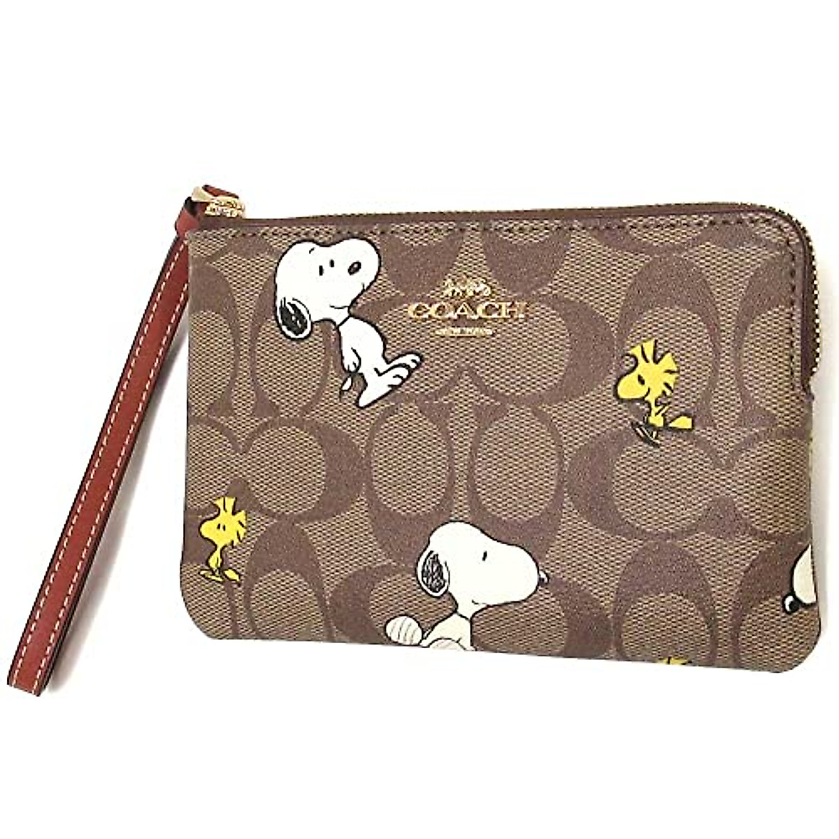 Coach X Peanuts Corner Zip Wristlet In Signature Canvas With Snoopy Woodstock Print