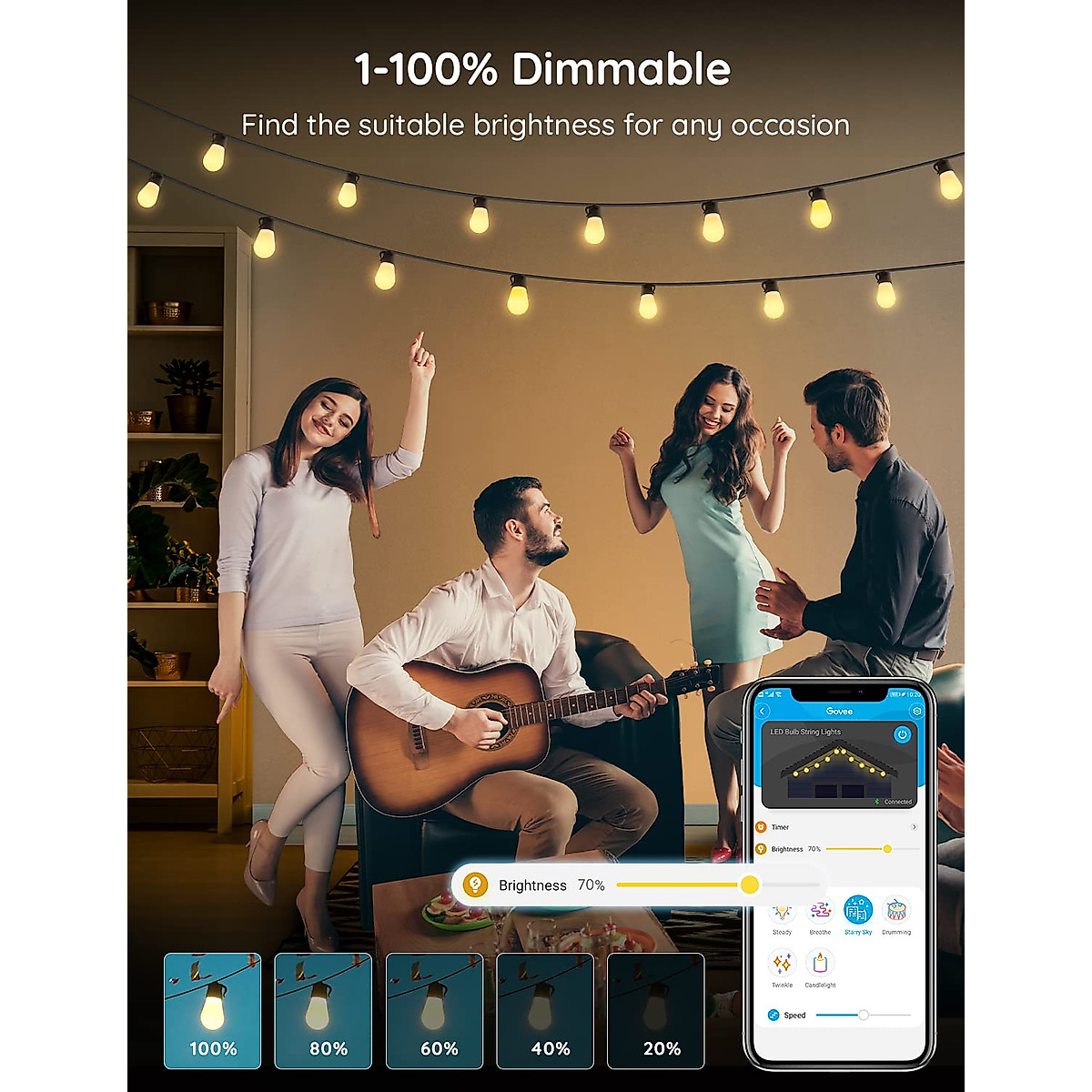 Govee Outdoor String Lights, 48ft Smart Outdoor String Lights with 15 Dimmable Warm White LED Bulbs, IP65 Waterproof Shatterproof Patio Lights for Dating, Party, Wedding, 70lm per Bulb