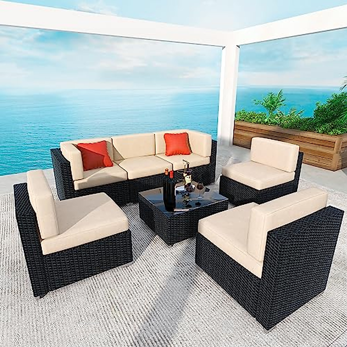 yoyomax Patio Furniture Set-7PCS Modular Outdoor Sectional Wicker Conversation Sofa w/ 6 Chairs, Coffee Table - Ideal for Garden, Poolside, Restaurant Hotel