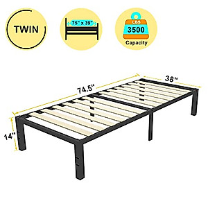 ROIL 14 inch Twin Size Bed Frames with Wide Wood Slats - 3500lbs Heavy Duty No Box Spring Needed Platform, Mattress Stoppers Single Metal Noise Free Bedframe with Headboard Hole Underneath Storage