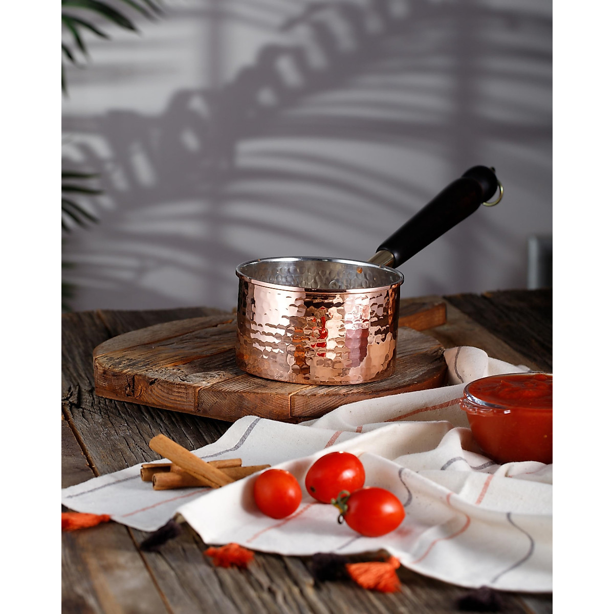 DEMMEX Copper Saucepan, 1mm Thick Solid Uncoated Copper, Wooden Handle, Tin Lined, 100% Handmade in Turkey (0.8 Quarts-5"x2.7")