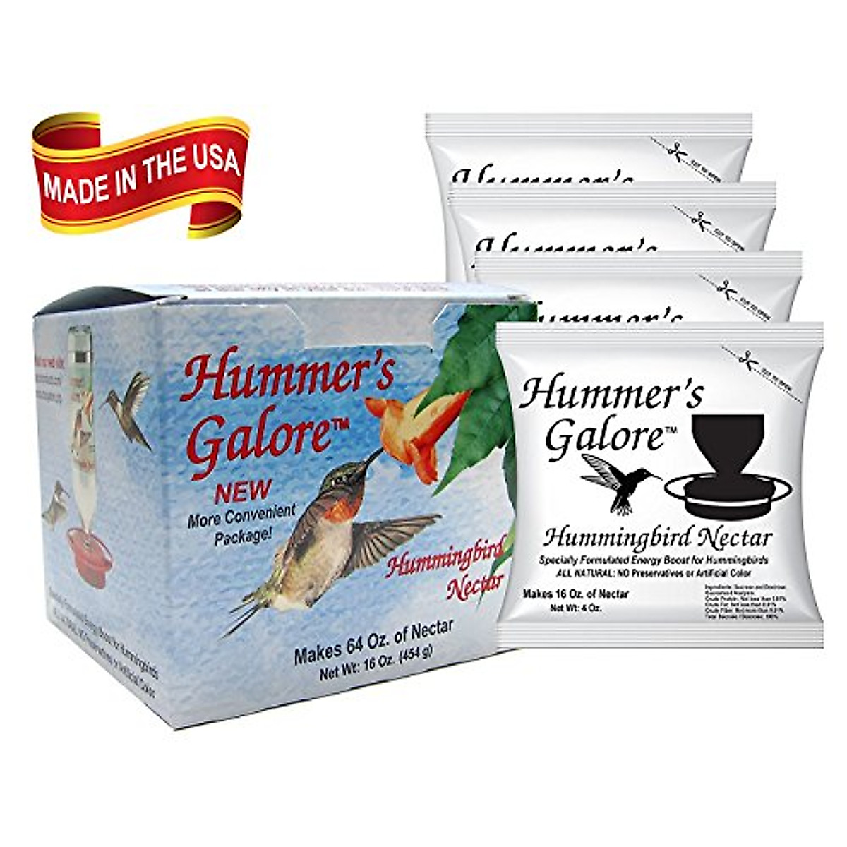 Hummer's Galore Hummingbird Food - Ready-to-Mix Hummingbird Nectar, All-Natural Nectar Collector Formula, 4 Packets, Makes 64 Ounces, No Preservatives or Dyes