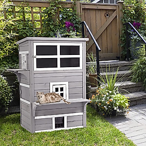 PawHut 3-Story Cat House Feral Cat Shelter, Outdoor Kitten Condo with Raised Floor, Asphalt Roof, Escape Doors, Jumping Platforms, Gray