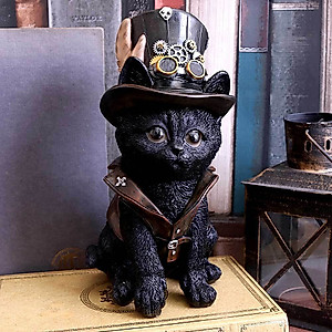 Nemesis Now Cogsmith's Steampunk Cat Adorable Black Cat with Leather Top Hat and Waistcoat, Hand-Painted Resin Figurine, Perfect for Steampunk Collectors, 18.5cm