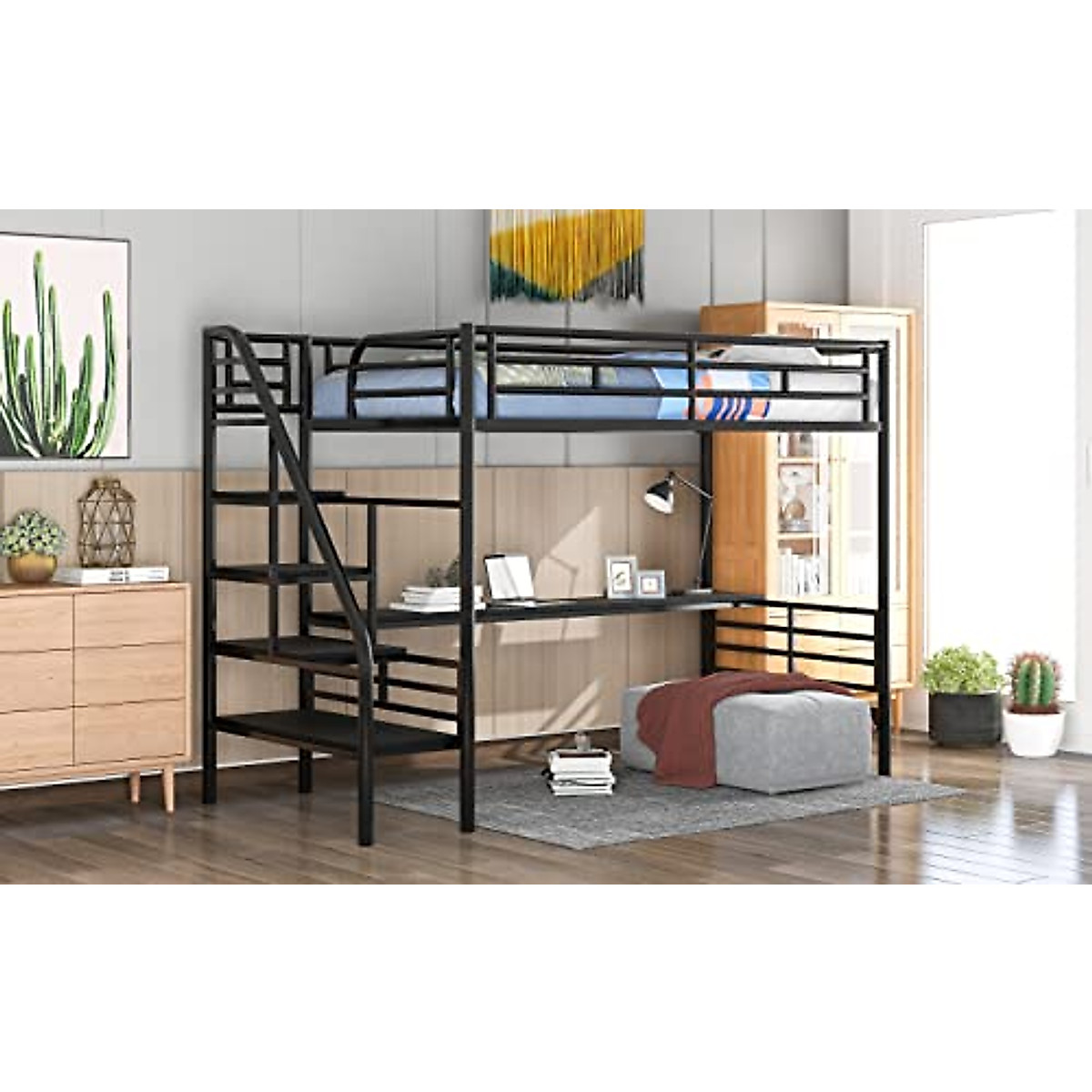 GLORHOME Metal Twin Size Loft Bed with Long Desk & Safety Stairway,Space-Saving Kids Loftbed Frame for Kids Teens Children, No Box Spring Needed, Black