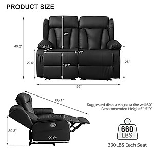 AHMED RV Loveseat Recliner Sofa, Faux Leather Home Theater Seating with Removable Armrest for Adults, Manual Double Recliner Chair with Cup Holders/Side Pockets for Living Room (Black)