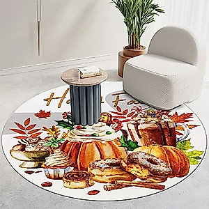 Topotdor Hello Fall Round Area Rug 4Ft, Machine Washable Non Slip Indoor Floor Mat Carpet Thanksgiving Dessert Circle Rug, Autumn Harvest Round Rugs for Living Room Sofa Bedroom Nursery Decor