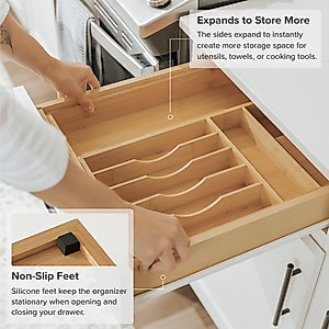 KitchenEdge Premium Silverware, Flatware and Utensil Organizer for Kitchen Drawers, Food-Safe Contract Grade, Expandable from 10.5 to 19 In, Natural Bamboo