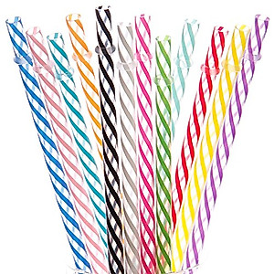 Dakoufish 12 Piece 11 Inch Reusable Plastic Thick Drinking Straws BPA Free Mason Jar Straws Transparent Small Stripe (11inch, Mix 12color)