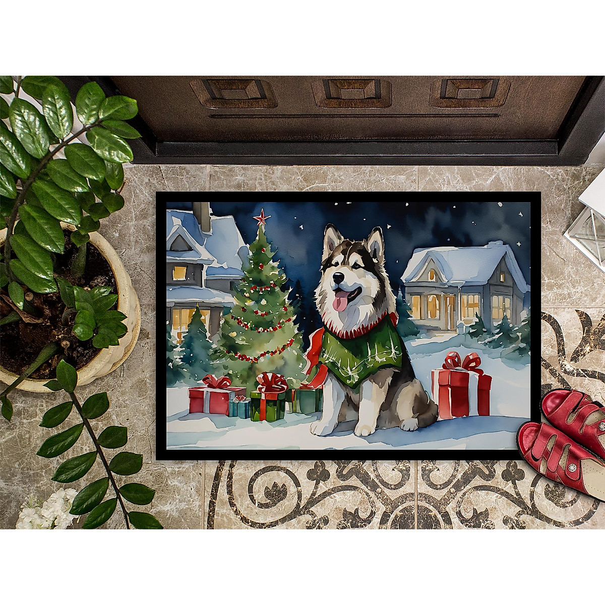 Caroline's Treasures DAC2592MAT Alaskan Malamute Cozy Christmas Doormat Front Door Mat Indoor Outdoor Rugs for Entryway, Non Slip Washable Low Pile, 18H X 27W