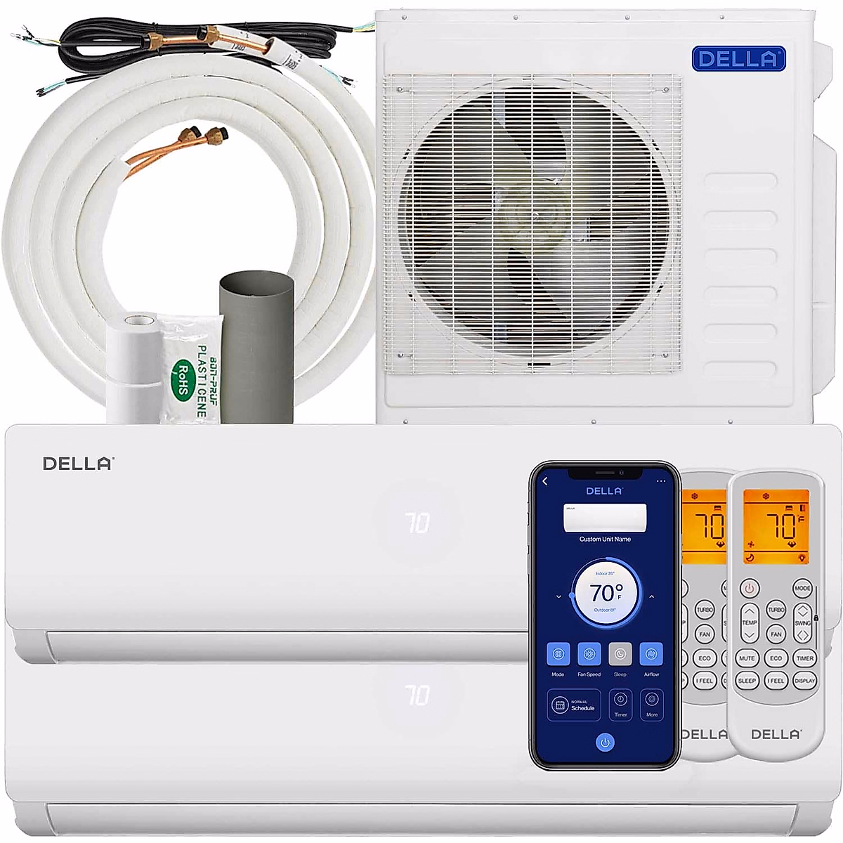 DELLA 36K BTU ODU 2 Dual Zone 24000 24000 BTU 19 SEER2 208-230V Cools Up to 3000 Sq.Ft Wifi Multi Zone Ductless Pre-Charged Mini Split AC & Heat Pump Work with Alexa,16ft Installation Kits Included