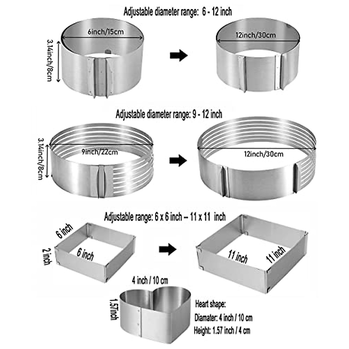 HAOYING 4 PCS Bakeware Set, 7-Layer Cake Slicer Cutter 9.5"-12",Cake Ring 6"-12", Square Cake Mold 6"-11", Heart Shape Cake Mold 4", Stainless Steel Pastry Slicing Rings Mousse Mould Baking Tools