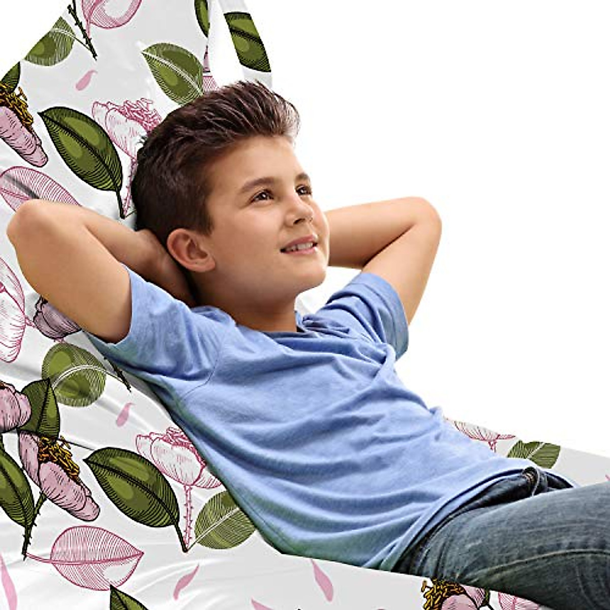 Ambesonne Hawaii Lounger Chair Bag, Hand Drawn Retro Flowers and Leaves on Plain Background, High Capacity Storage with Handle Container, Lounger Size, Dried Rose Olive Green