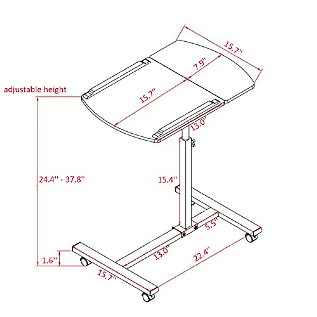 WANLISELL Mobile Laptop Desk Height & Angle Adjustable Laptop Stands Desk Rolling Laptop Cart, Height Adjustable from 24'' to 38'', Black