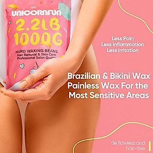 Unicornfun Hard Wax Beads for Hair Removal, 2.2LB Wax Beans with Two Measuring Spoons, Brazilian Bikini Beads Waxing at Home Wax for Face Body Legs Underarms Women Men