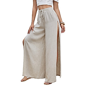 SweatyRocks Women's High Waist Drawstring Split Thigh Wide Leg Palazzo Pants Khaki XL