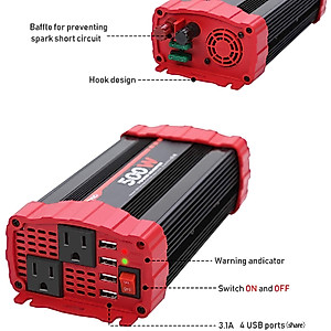 BYGD 500W Power Inverter, Car Power Inverter DC 12V to 110V AC Car Inverter Converter 4 USB Quick Charging Ports and Dual AC Outlets Car Charger Adpater with Cigarette Lighter Cable and Battery Clamps