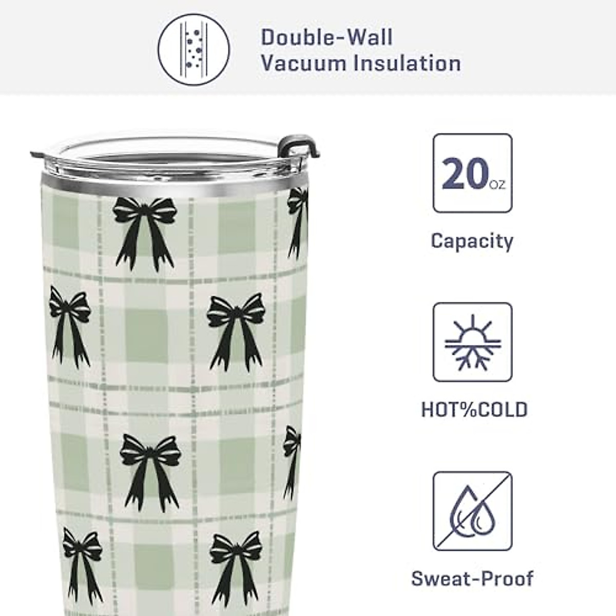 Green Plaid Black Butterfly Stainless Steel travel cups Leak-proof Lid and Straw travel coffee mug spill proof for Water, Iced Tea or Coffee safe umbler 20 OZ