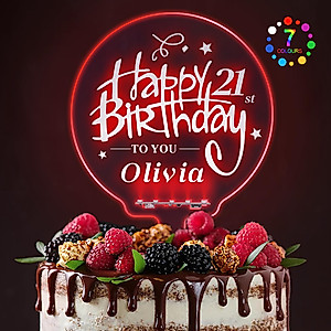 LED Personalized Happy Birthday Cake Toppers 7 Colour Changes Light Up Cake Topper Acrylic Cake Toppers Cake Decorations for 1st 16th 18th 20th 21st 30th 40th 50th 60th 70th(Design 2)