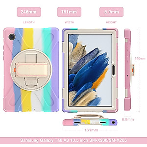 TSQQST Case for Samsung Galaxy Tab A8 10.5" 2022 for Kids Girls with Screen Protector Stand&Hand Strap | Rugged Protective Case for Samsung A8 Tablet SM-X200/X205/X207-Rainbow Pink