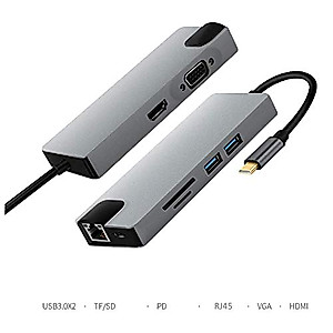 Pocket-Sise Design Multi-fuction 8 in 1 USB 3.1 Type C Adapter Docking Station Combo (Aluminum Alloy Made) with PD Charge/USB 3.0X2/1000M Gigabit LAN/4K HDMI/VGA/TF/SD