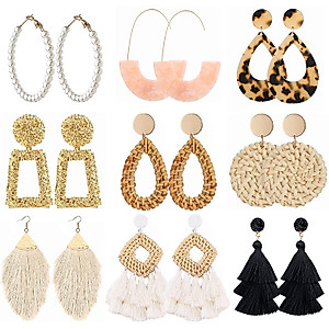 9 Pairs Rattan Earrings Tassel Woven Bohemian Earrings Straw Earrings Lightweight Acrylic Pearl Hoop Earrings Handmade Wicker Braid Drop Dangle Statement Earrings for Women