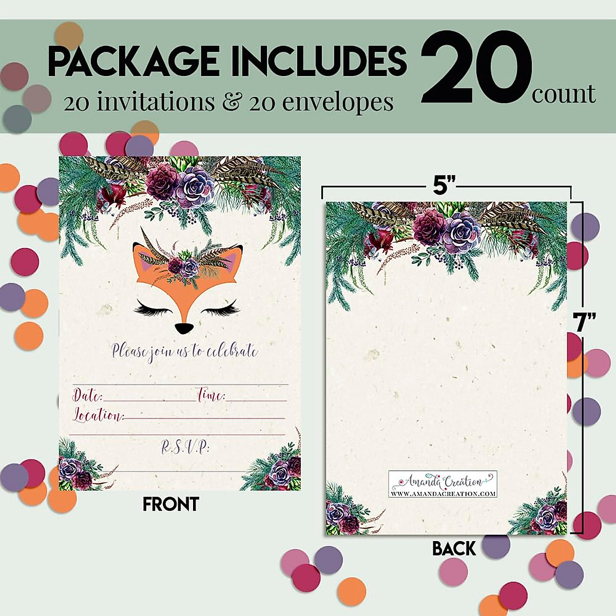 Woodland Forest Fox Face Floral With Greenery Birthday Party Invitations, 20 5x7 Fill In Cards with Twenty White Envelopes by AmandaCreation