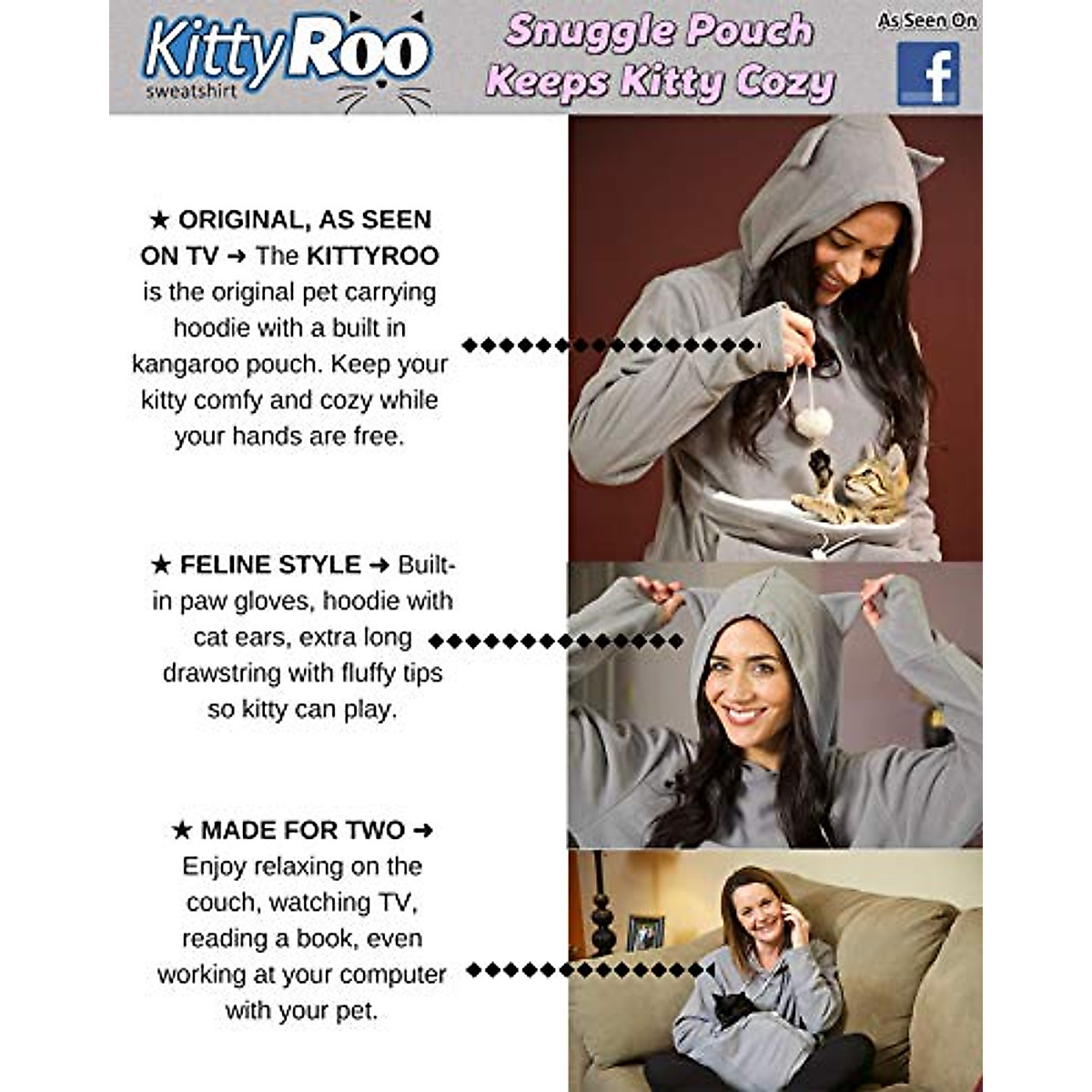KITTYROO Cat Hoodie, The Original AS SEEN ON TV Kitty Carrying Sweatshirt, with Super Soft Kangaroo Pet Pouch (Large) Grey