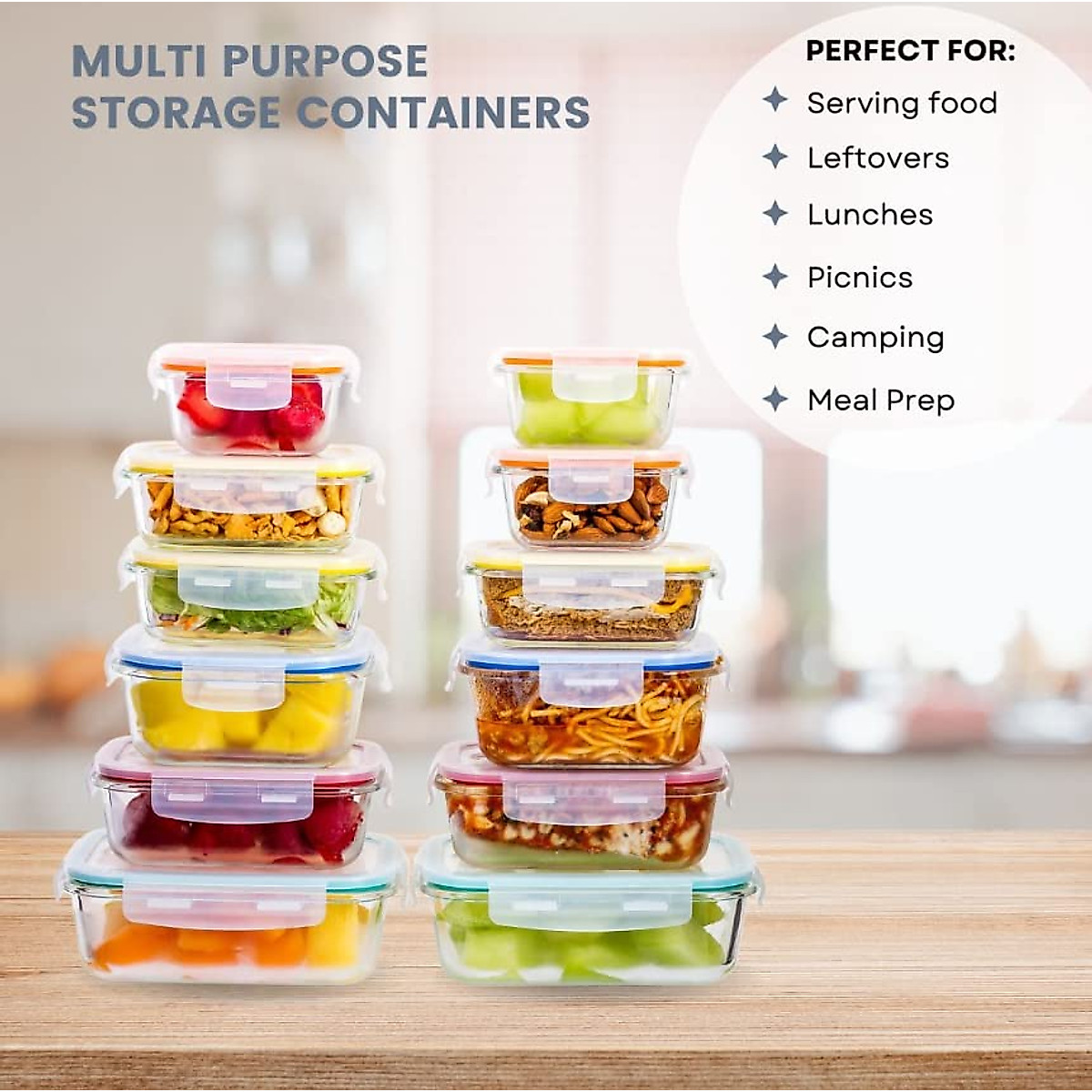 Imperial Home 24 Pc Glass Storage Containers with Lids, Food Storage Container Set, Kitchen Organization, Meal Prep, Airtight Lock Lid, Reusable, Freezer & Microwave Safe, BPA Free