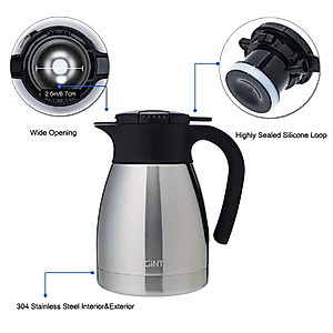GiNT 34Oz Thermal Coffee Carafe, Insulated Stainless Steel Coffee Carafes for Keeping Hot/Double Walled Vacuum Coffee Carafe (Silver, 1L)
