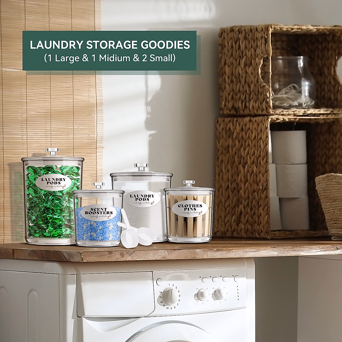 TIDIdea 4 Pack Laundry Container Jars - Premium Acrylic Jars for Laundry Room Organization and Storage Organizing Laundry Pods, Powder, Detergent, Soap,Beads, Laundry Accessories - with Labels&Scoops