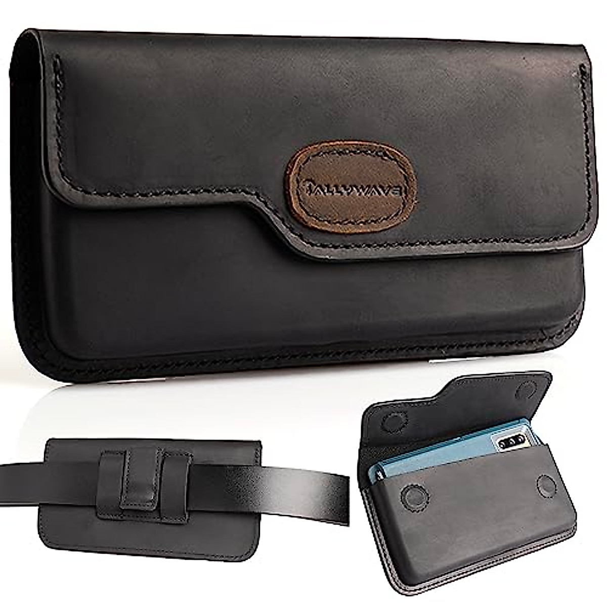 Tallywave Horizontal Cell Phone Pouch for Belt, Leather Phone Holster with Belt Clip for Phone 14 Pro Max, Galaxy S23 Ultra for Smartphone with Protective Case,Phone Belt Holder,XL,Black
