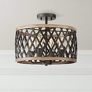 Franklin Iron Works Trey Farmhouse Rustic Close to Ceiling Light Semi Flush Mount Fixture 16" Wide 4-Light Bronze Woodgrain Drum Shade for Bedroom Hallway Living Room Dining Room Bathroom Kitchen
