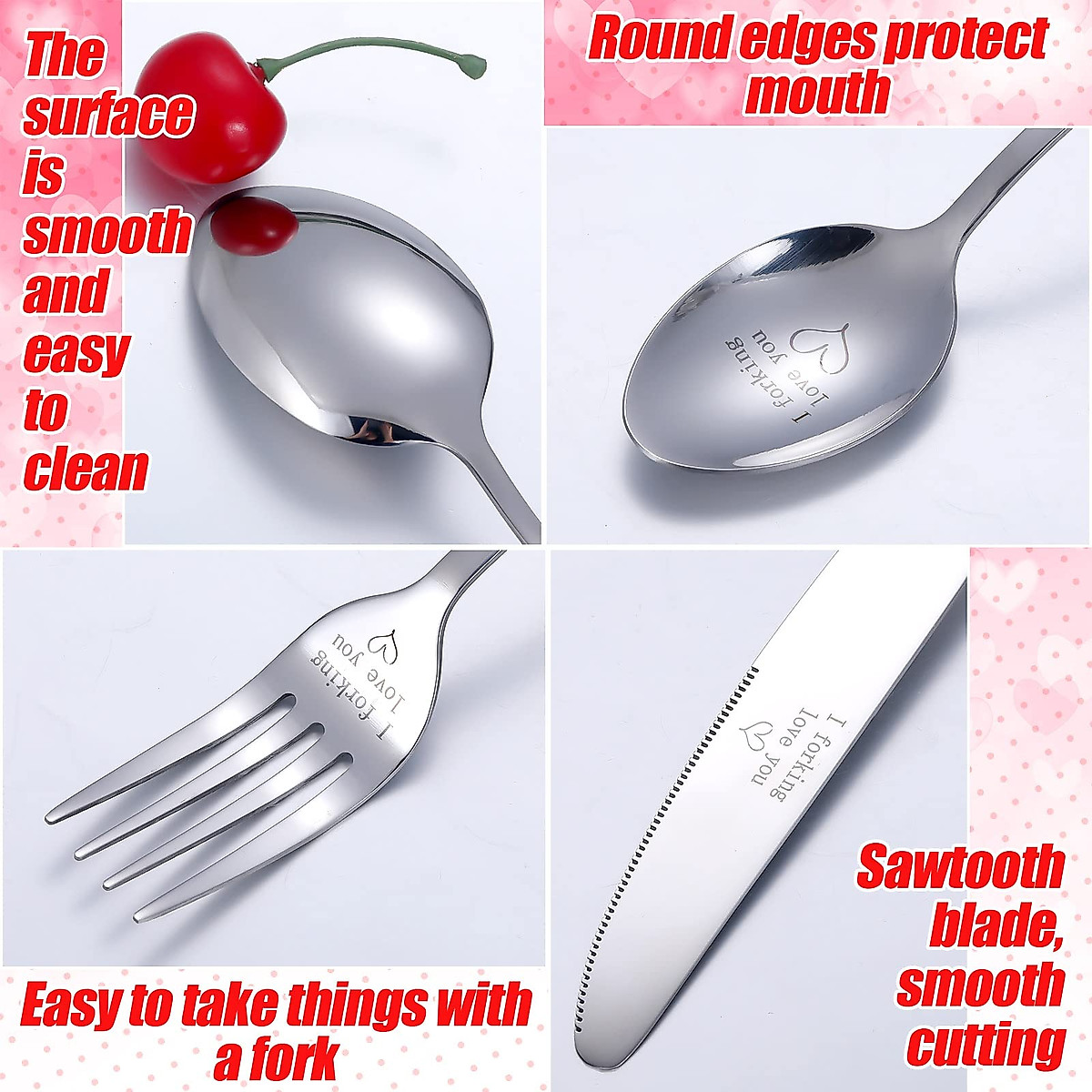 5 Pcs Stainless Steel Cutlery Set I Forking Love You Silverware Set Includes Spoons Forks Knives Gifts for Bride Wedding, Anniversary Kitchen Cutlery for Home Office Restaurant Hotel