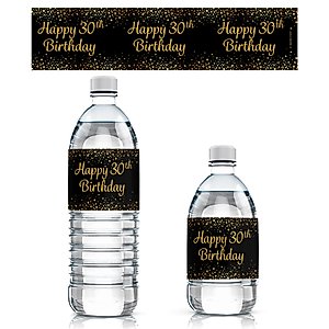 Black and Gold 30th Birthday Party Water Bottle Labels - 24 Stickers