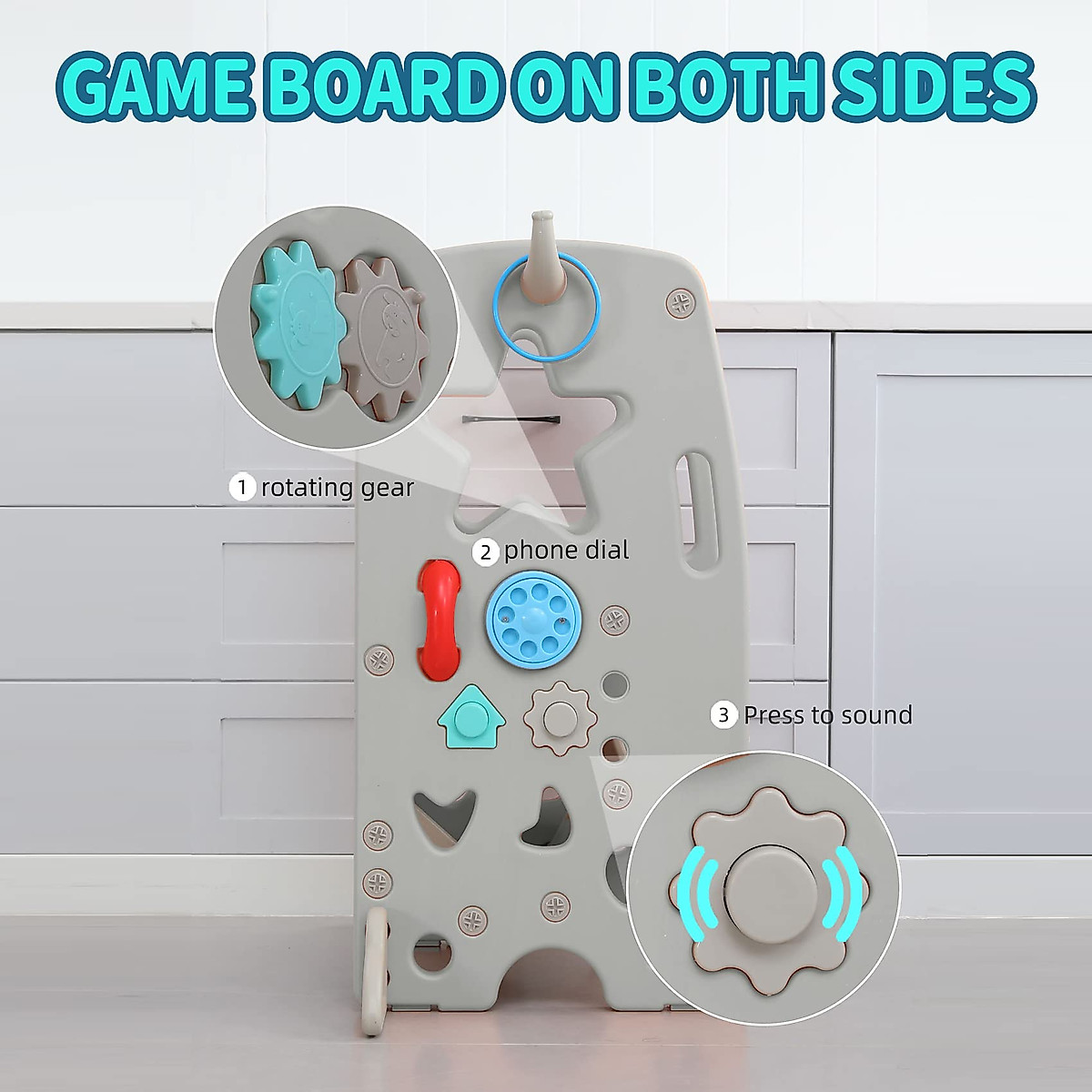 UNICOO Multifunctional Kids Step Stool with Double Safety Rails, Height Adjustable, Toddler Tower for Kitchen Countertop and Bathroom with Big Drawing Board & Games (OMLT-Grey)