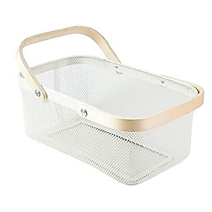 MACOIOR Portable Garden Basket-Mesh Design Natural Bamboo Handle Wire Storage Baskets,Mesh Basket with Handle Organize Items Reduce Space Occupation,Suitable for Kitchen,Garden,Picnic(White)