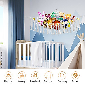 TATUFY Stuffed Animal Net or Hammock with LED Light, 55*41*41'' Plush Toys Hanging Corner Net, Handmade Boho Toys Storage Hammock Holder with Wood Beads, Tassels, Hooks (White)