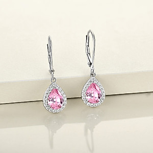 YL Women's Dangle Drop Earrings Sterling Silver Solitaire Leverback Earrings Halo Teardrop Created Pink Tourmaline Jewelry Gifts