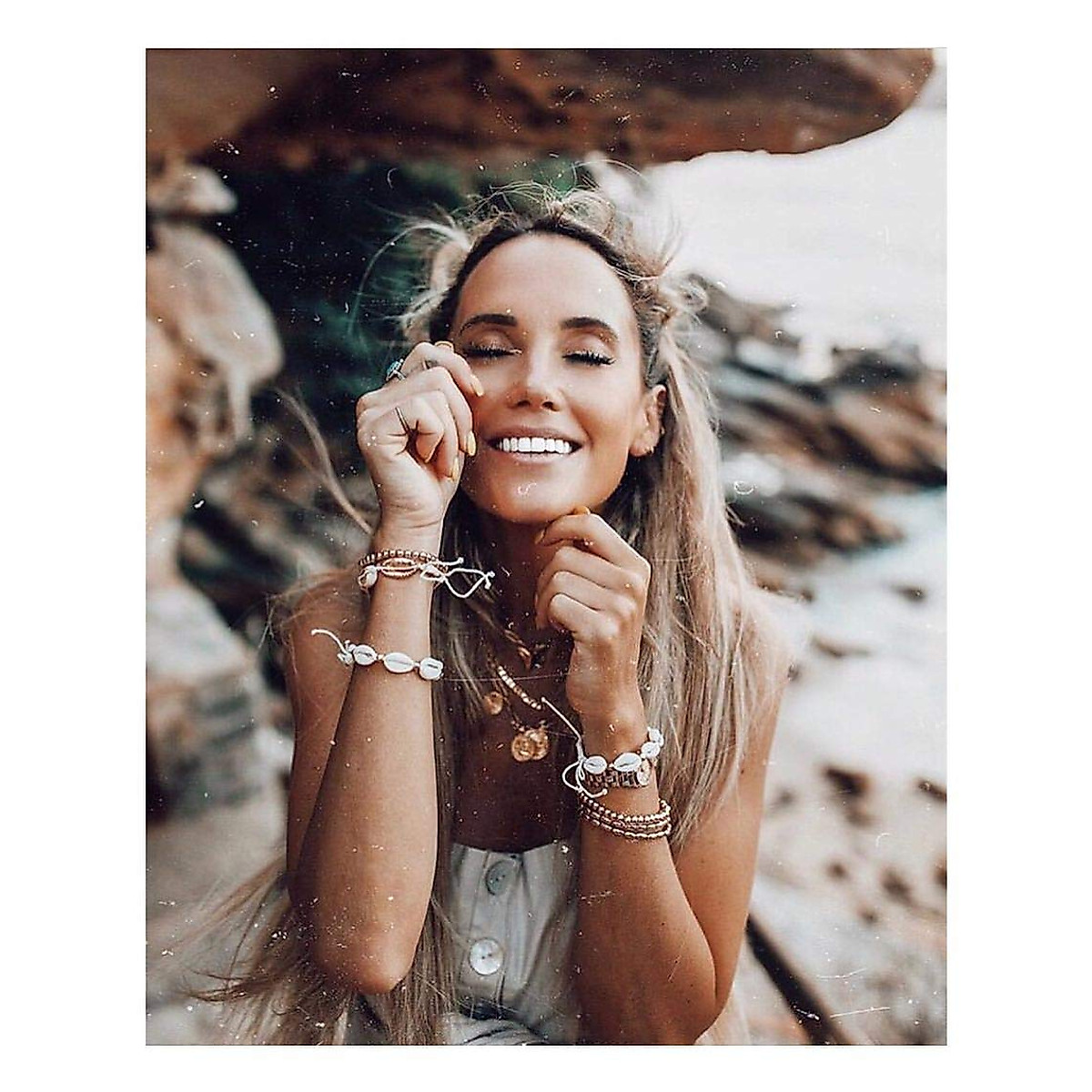 Tarsus Natural Cowrie Puka Shell Bracelets Handmade Boho White Seashell Bracelet Gifts for Women Teen Girls 3 Pcs