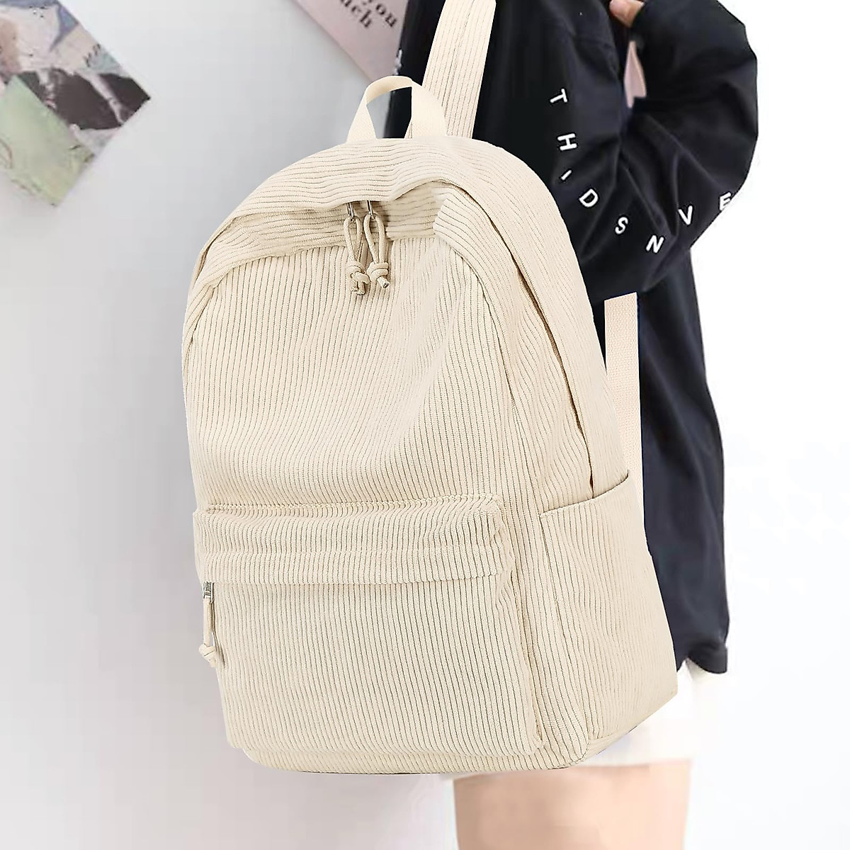 School Backpack for Teen Girls Bookbags Elementary High School Corduroy Laptop Bags Women Travel Daypacks (Beige)