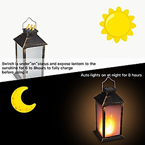 13" Vintage Style Solar Powered Flame Effect (Metallic Coating Black,Plastic),Garden Light Vivid Fire Effect,Outdoor Solar Hanging Lantern,Decorative Candle Lanterns ZKEE (Set of 2)