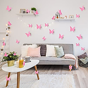 AMMON Butterfly Room Decorations 24 Pcs 3D Wall Decor Pink 3 Sizes Decal for Birthday Party Cake Mural Sticker Removable Room Wall Art Stickers for Kids Nursery Classroom Bedroom Living Room Party Wedding