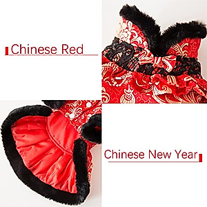 HOTUMN Chinese Dog Dresses for Small Medium Dogs Girl with Lace Bow New Year Eve Princess Dog Clothes Dog Wedding Dress Pets Winter Teddy Party Coat Spring Festival Dog Cat Costume