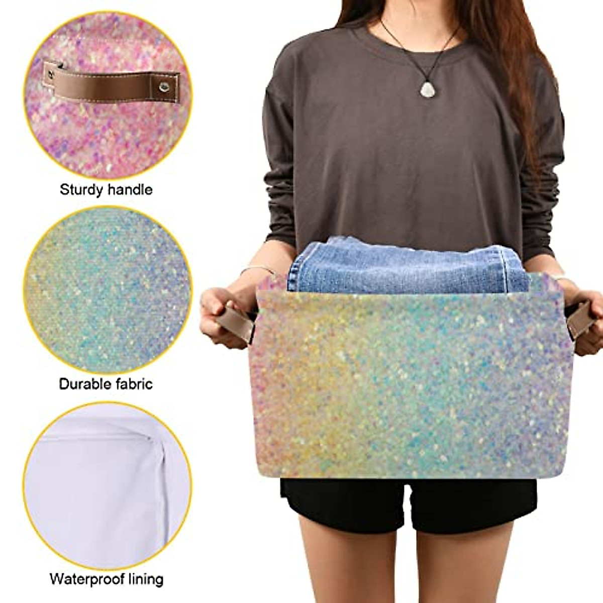 Rainbow Glitter Gradient Storage Baskets Large Foldable Storage Bin Canvas Toys Box Fabric Decorative Collapsible Organizer Bag with Handles 2 Pcs