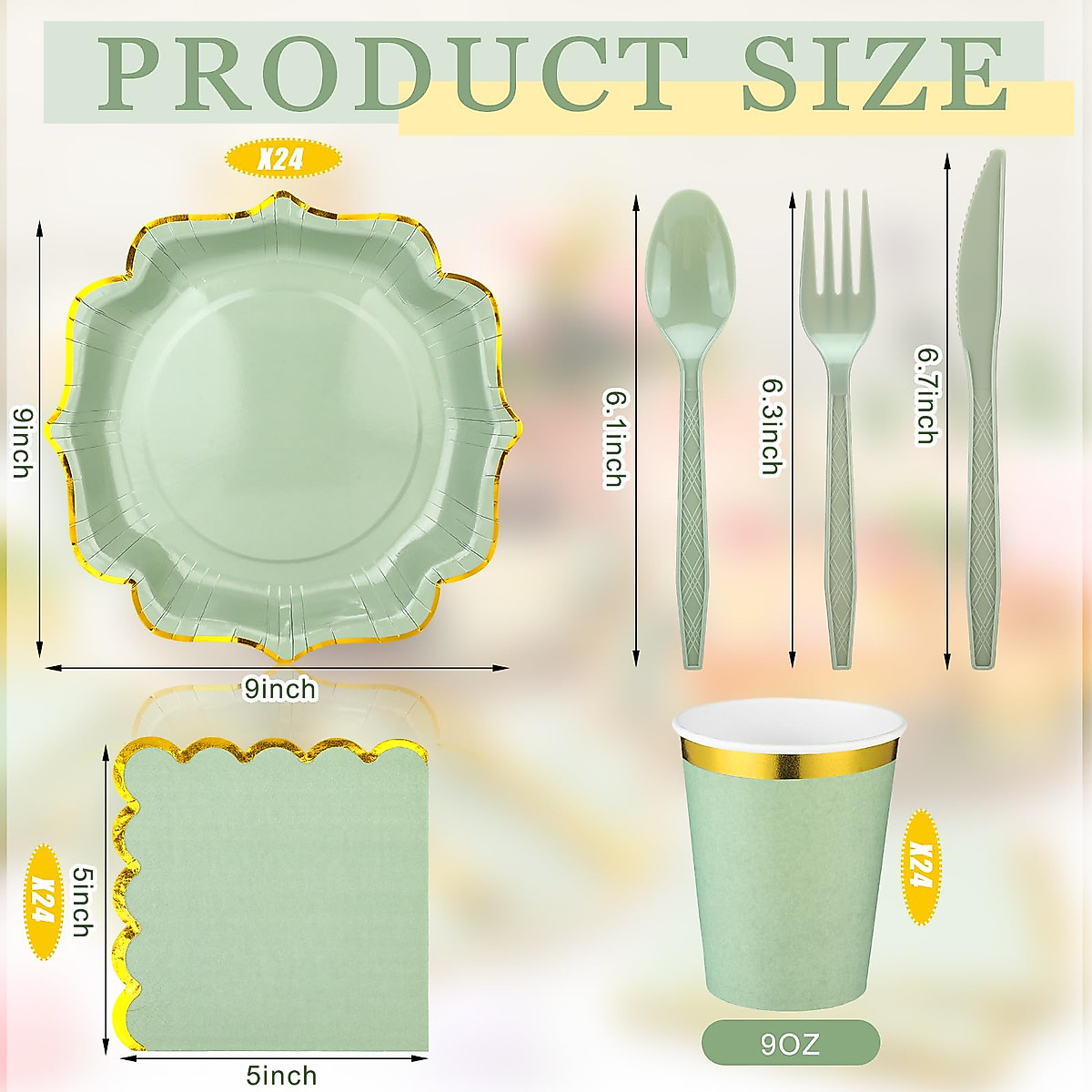 Gejoy 144 Pcs Baby Shower Plates and Napkins Party Supplies Bridal Shower Tableware Set Serve 24 Guests Disposable Paper Plates Napkins Cup Fork Knives Spoon for Birthday Wedding Party (Sage Green)