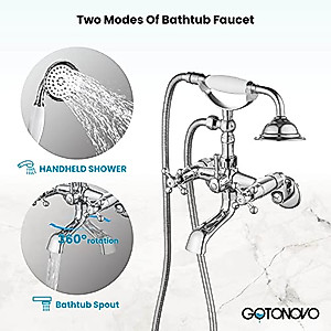 gotonovo Vintage Wall Mount Clawfoot Tub Faucet 3-9Inch Adjustable Center Polished Chrome 2 Double Handle Shower Faucet System Telephone Shape