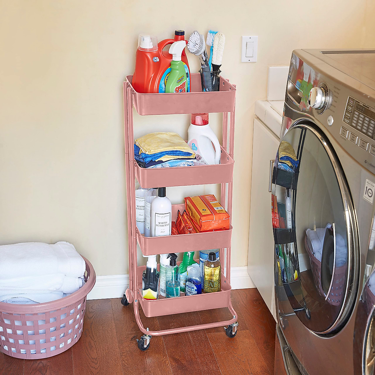 ECR4Kids 4-Tier Metal Rolling Utility Cart, Multipurpose Storage, Pink
