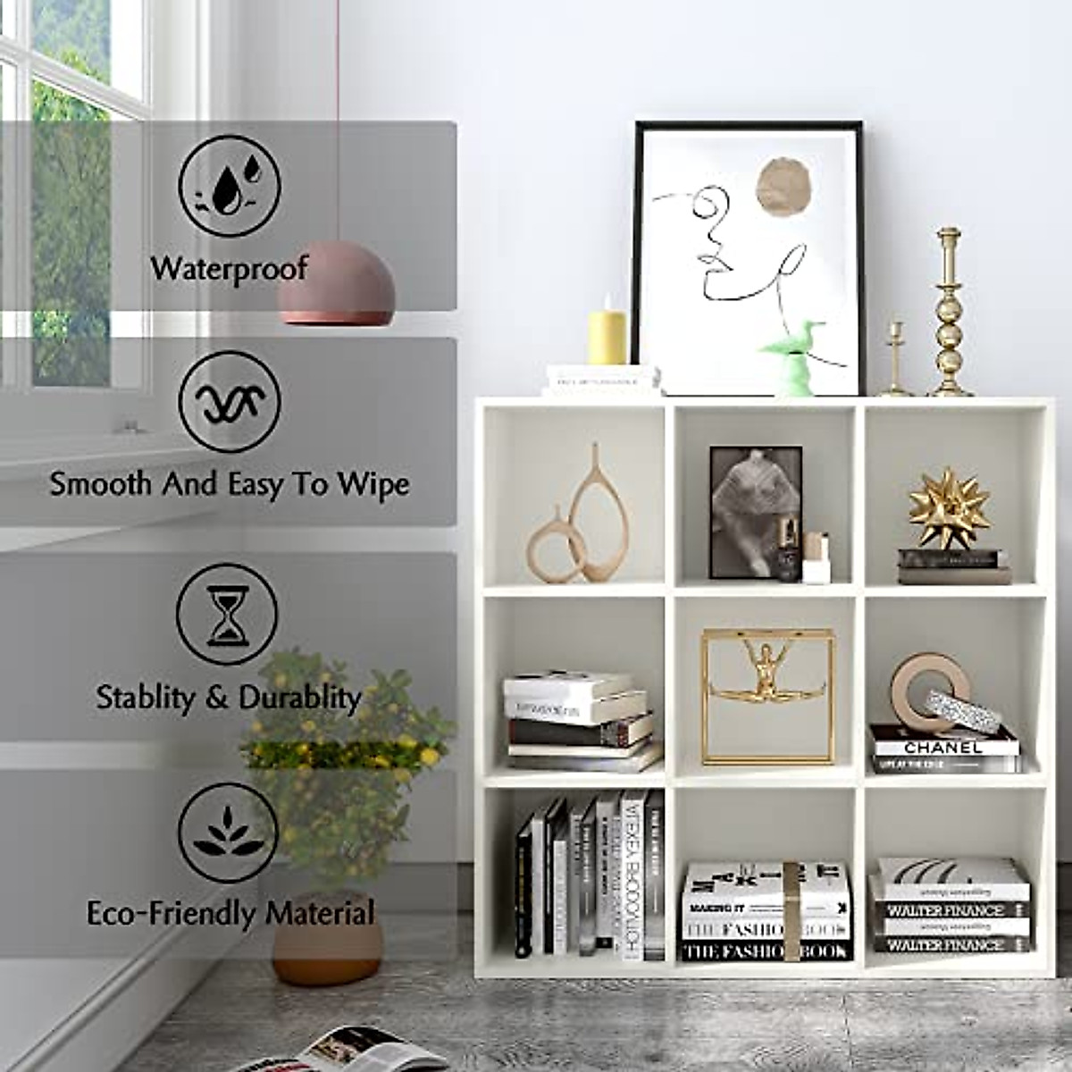 OSCHF 9-Cube Storage Shelf Bookcase - Wooden 3-Tier Floor Standing Open Bookshelf for Home and Office, Display Cabinet, Warm White