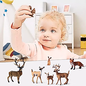 SIENON 7Pcs Forest Animals Figures Toys, Woodland Animals Figurines, Miniature Animals Toys with Deer Family, Elk, Fox, Rabbit, Squirrel for Woodland Theme Cake Cupcake Toppers Christmas Party Décor